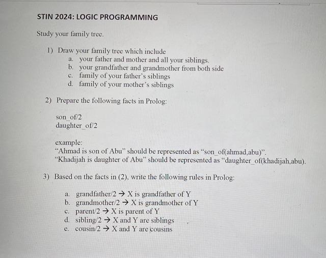 Solved STIN 2024: LOGIC PROGRAMMING Study your family tree. | Chegg.com