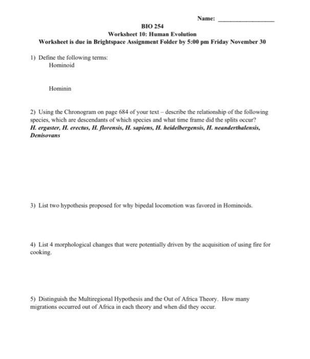 Solved Name: BIO 254 Worksheet 10: Human Evolution Worksheet | Chegg.com