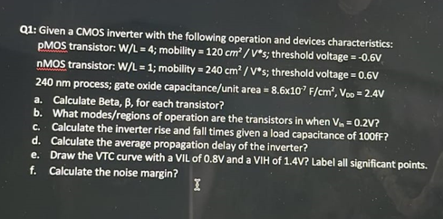 Solved Q1: Given a CMOS inverter with the following | Chegg.com