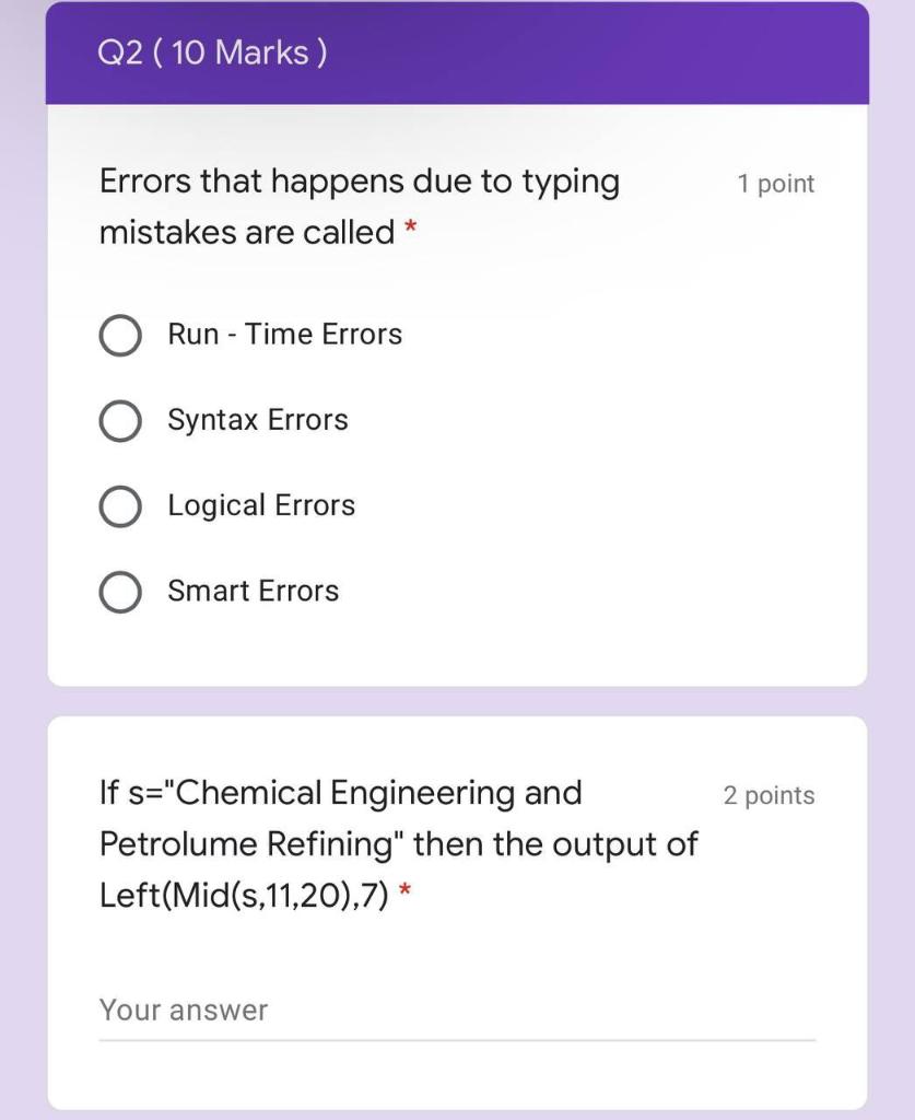 Solved Q2 ( 10 Marks ) 1 point Errors that happens due to | Chegg.com