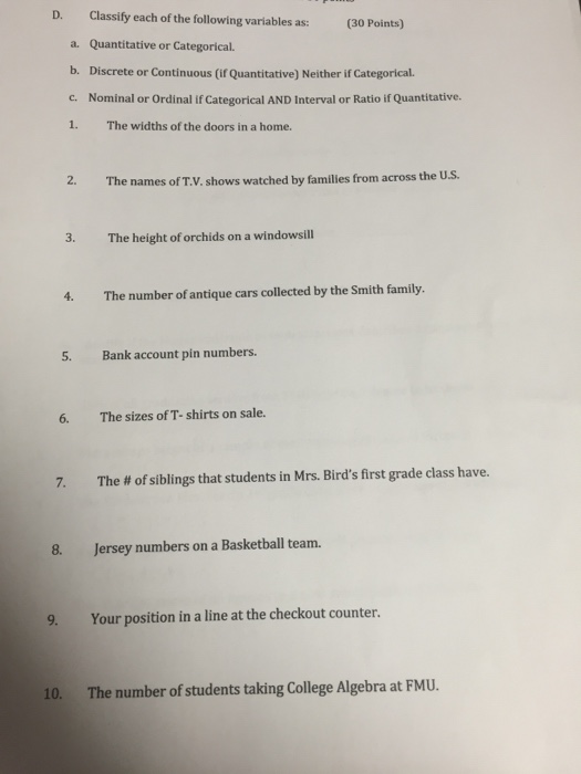 Solved Classify each of the following variables as: a. | Chegg.com