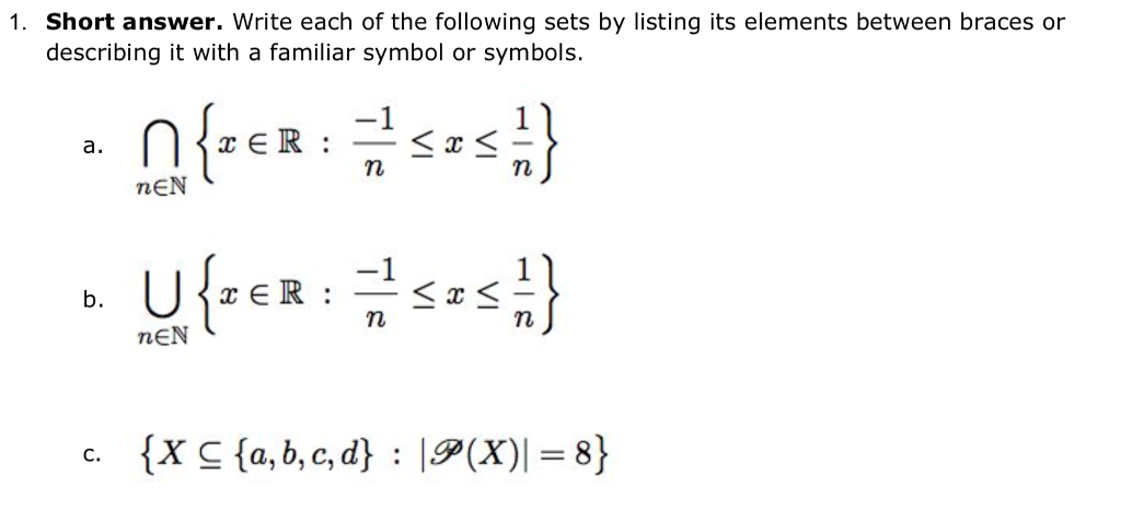 Solved 1. Short answer. Write each of the following sets by | Chegg.com