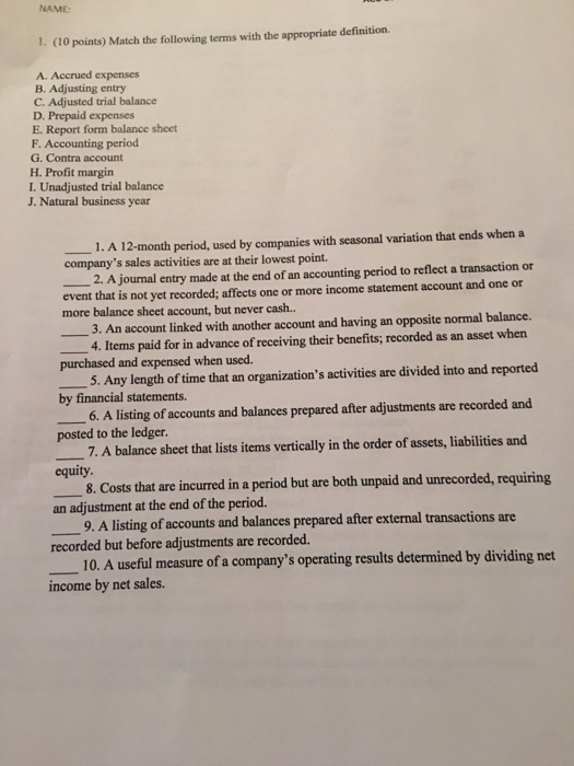 Solved NAME: 1. (10 points) Match the following terms with | Chegg.com