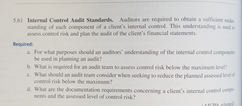 Solved 5.61 Internal Control Audit Standards. Auditors are | Chegg.com