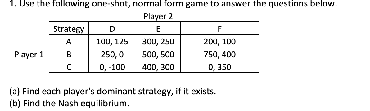 Solved Use the following one-shot, normal form game to | Chegg.com