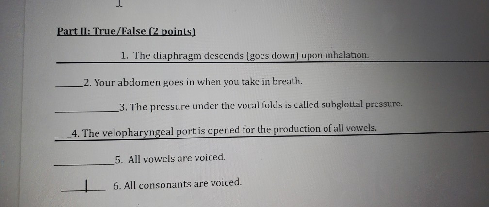 Solved Part II: True False (2 points 1. The diaphragm | Chegg.com