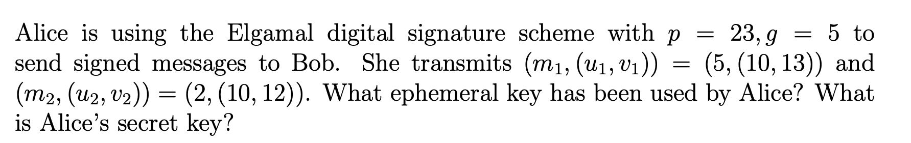 Solved Alice is using the Elgamal digital signature scheme | Chegg.com