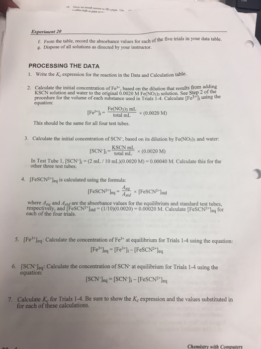Solved Experiment 20 Chemical Equilibrium: Finding a | Chegg.com
