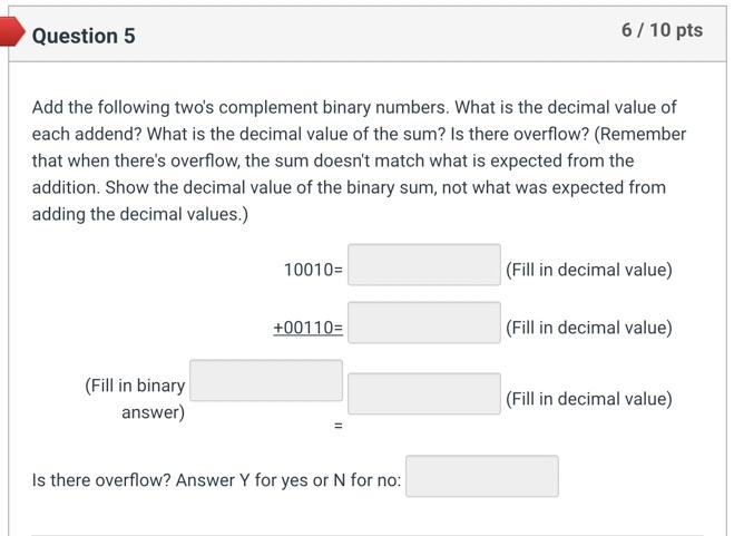 Solved Question 6 6/10 pts Add the following two's | Chegg.com