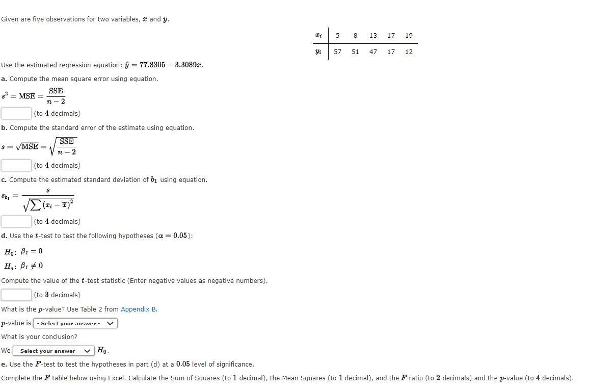 Solved Given are five observations for two variables, x and | Chegg.com