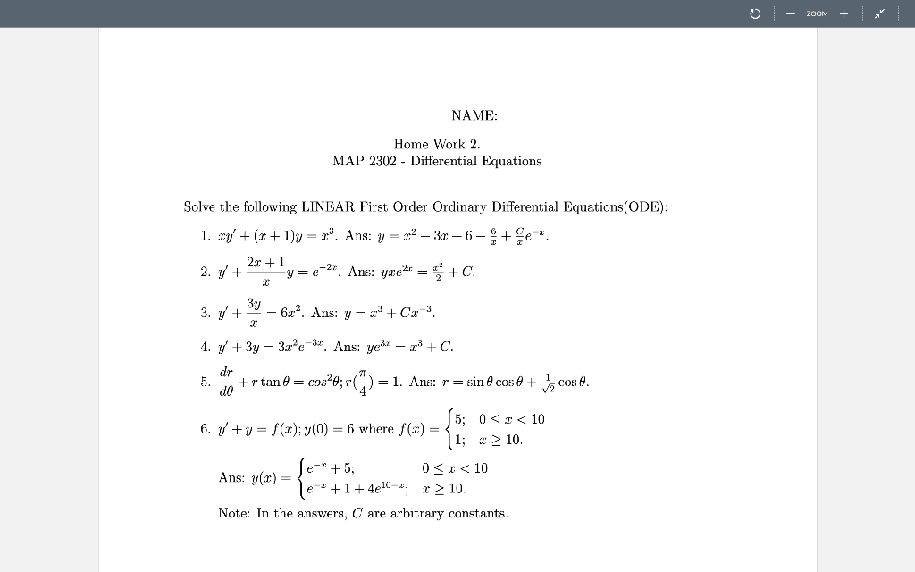 Solved NAME: Home Work 2. MAP 2302- Differential Equations | Chegg.com
