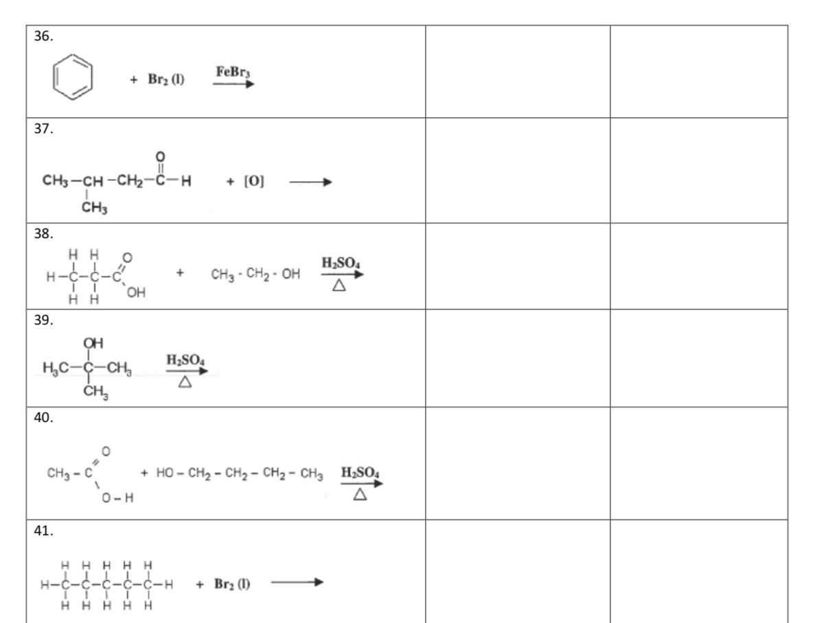 Solved 36. FeBrz + Brz (1) 37. o=0 CH3 -CH-CH2-C-H + (0) CH3 | Chegg.com