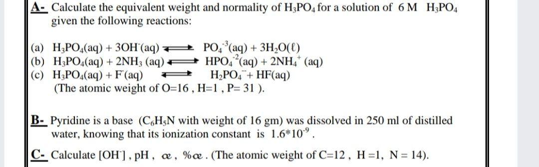 Solved A- Calculate the equivalent weight and normality of | Chegg.com