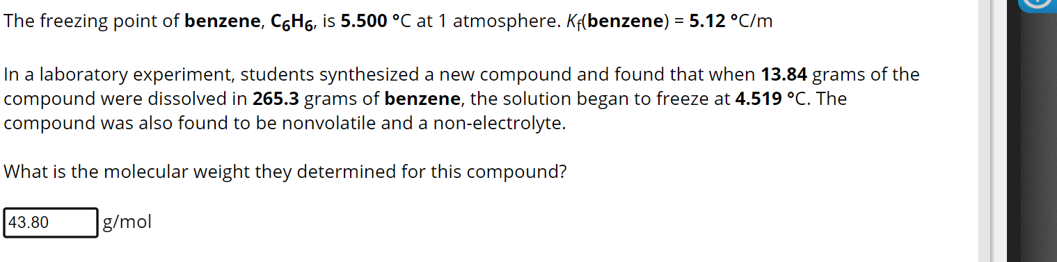 Solved The freezing point of benzene, C6H6, is 5.500∘C at 1 | Chegg.com