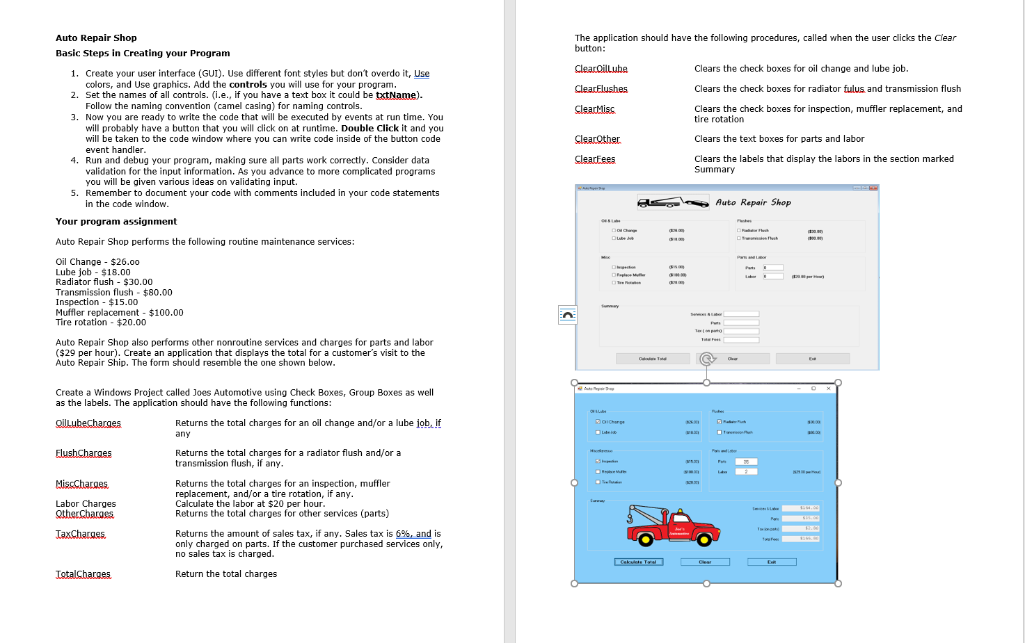 Solved Auto Repair Shop Basic Steps in Creating your Program | Chegg.com
