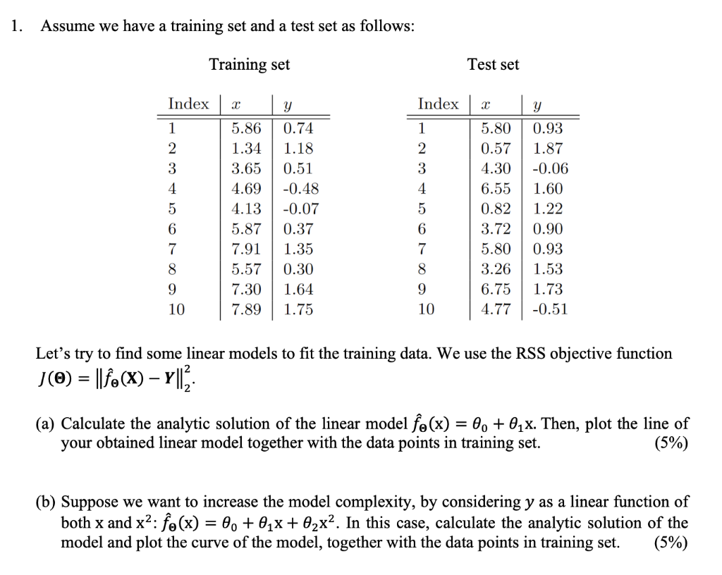 Solved 1. Assume we have a training set and a test set as | Chegg.com