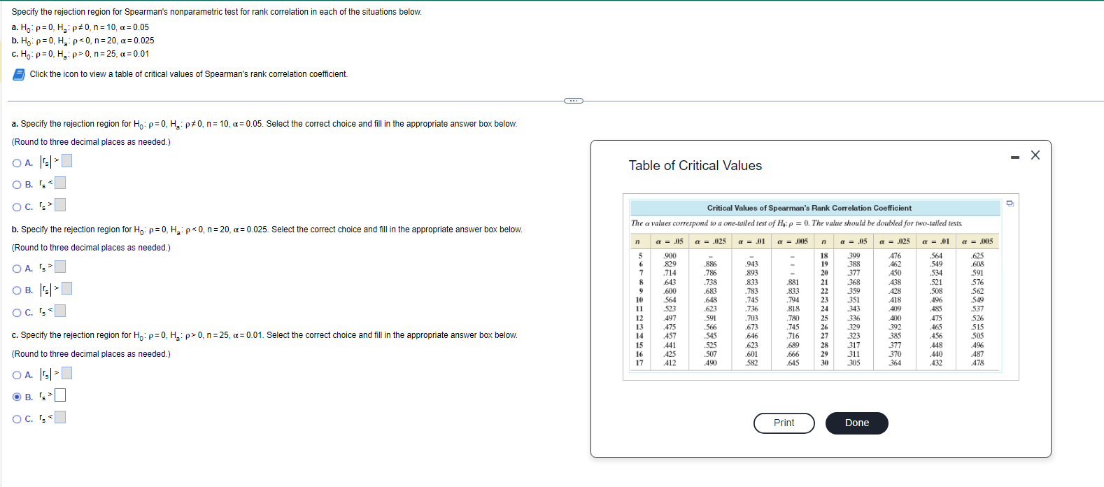 Solved Specify the rejection region for Spearman's | Chegg.com