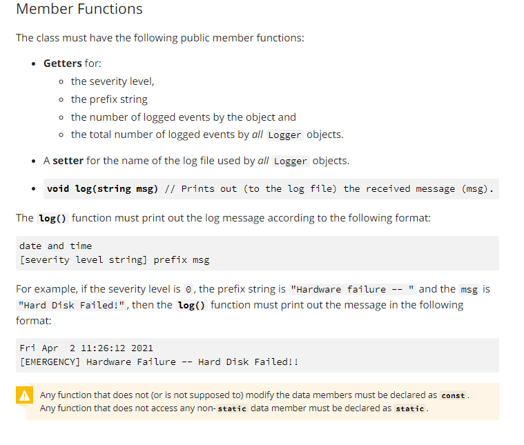 Solved Logger Class (65 points) Define in Logger.h and | Chegg.com