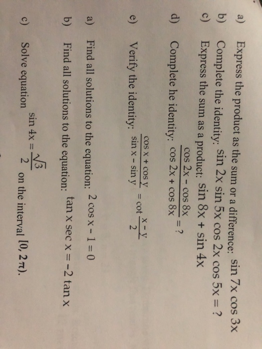 Solved a) Express the product as the sum or a difference: | Chegg.com