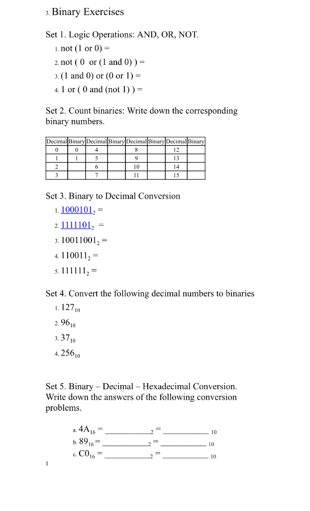 Solved 3 Binary Exercises Set 1 Logic Operations And Or