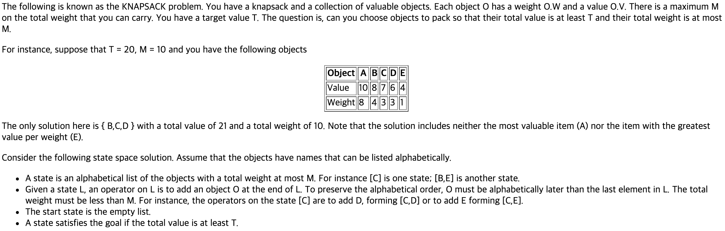 Solved The following is known as the KNAPSACK problem. You | Chegg.com