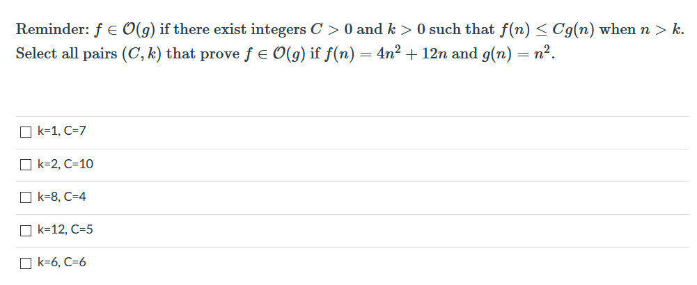 Solved Reminder: f € O(g) if there exist integers C > 0 and | Chegg.com
