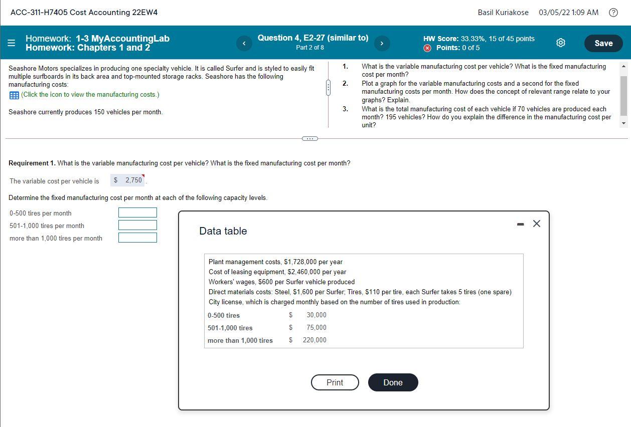 Solved ACC-311-H7405 Cost Accounting 22EW4 Basil Kuriakose | Chegg.com