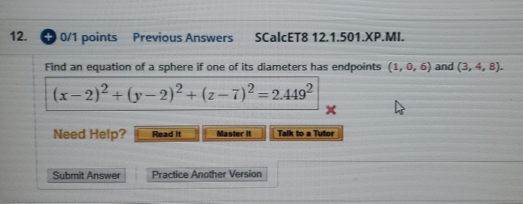 Solved 12. 0/1 points Previous Answers SCalcET8 | Chegg.com