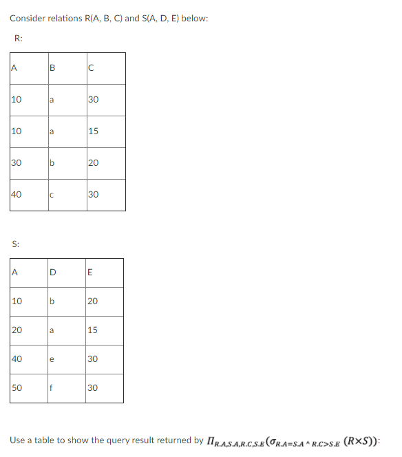 Solved Consider relations R(A, B, C) and S(A, D, E) below: | Chegg.com