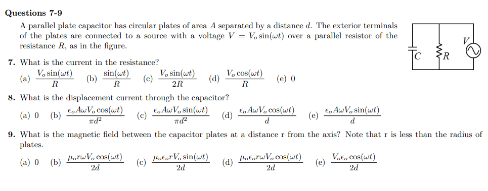 Solved Questions 7-9A parallel plate capacitor has circular | Chegg.com