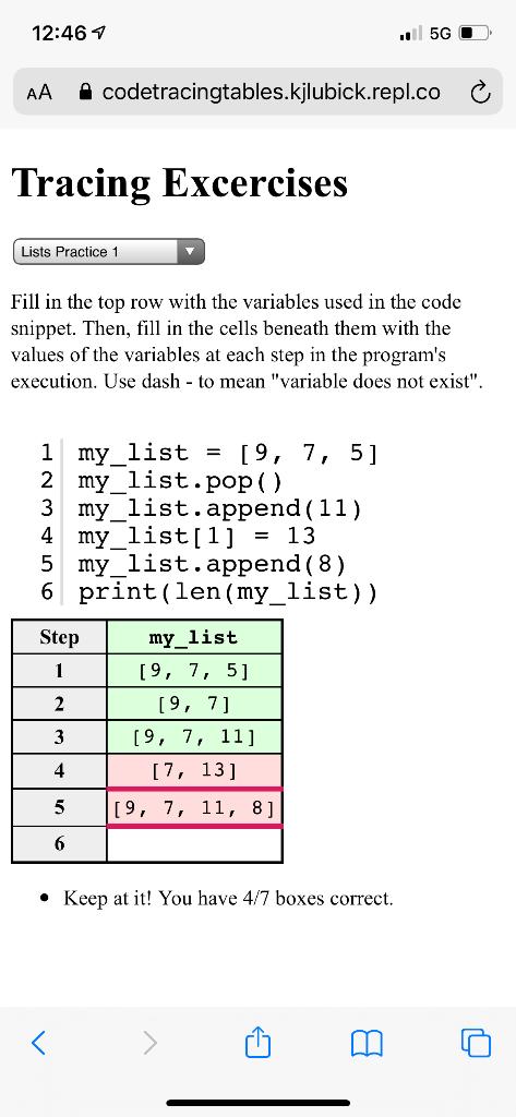 Solved 12:46 1 15G O AA codetracingtables.kjlubick.repl.co | Chegg.com