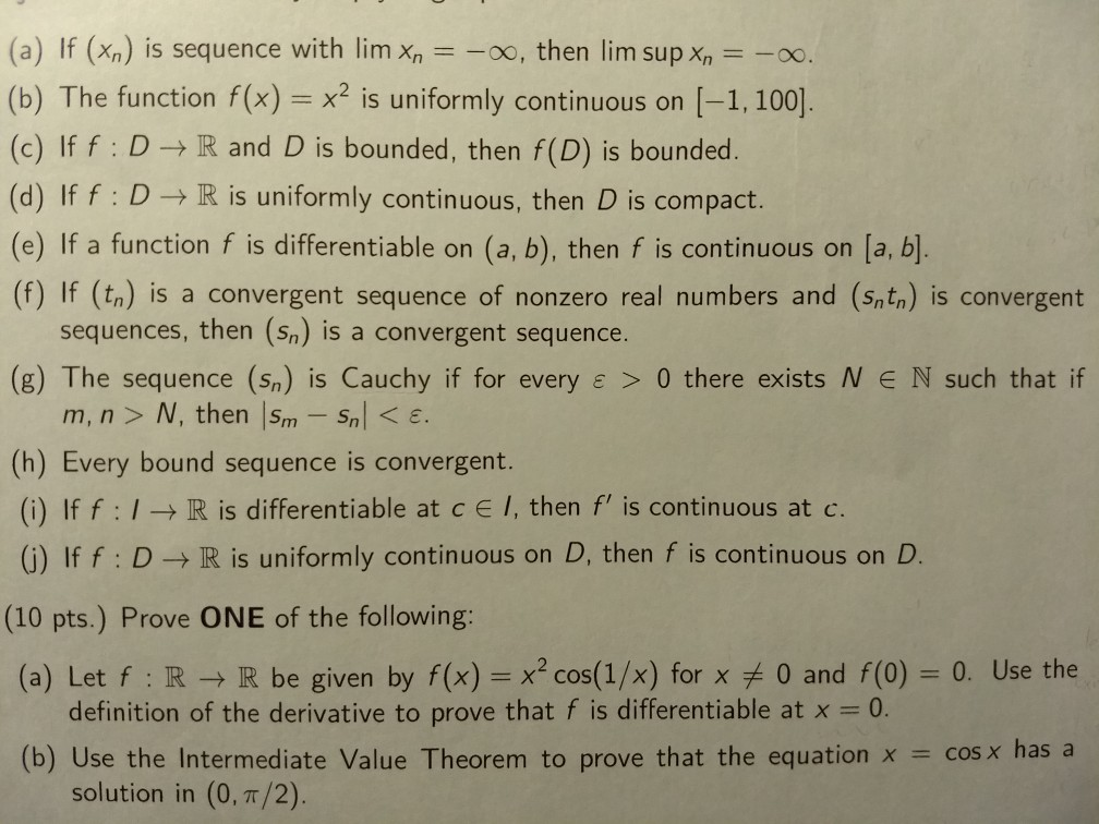 Solved Mark the following, (a) through (j), as TRUE or | Chegg.com