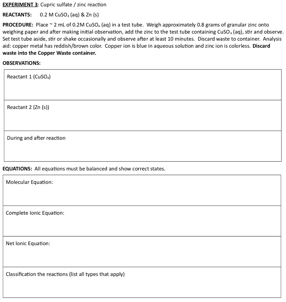 Solved EXPERIMENT 3: Cupric sulfate /zinc reaction | Chegg.com