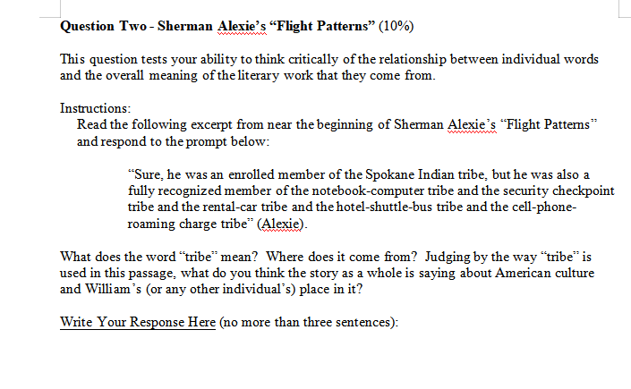 Solved Question Two-Sherman Alexie's "Flight Patterns” (10%) | Chegg.com
