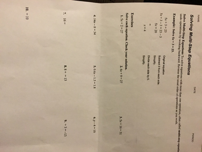 Solved NAME DATE PERIOD Solving Multi Step Equations Solve Chegg