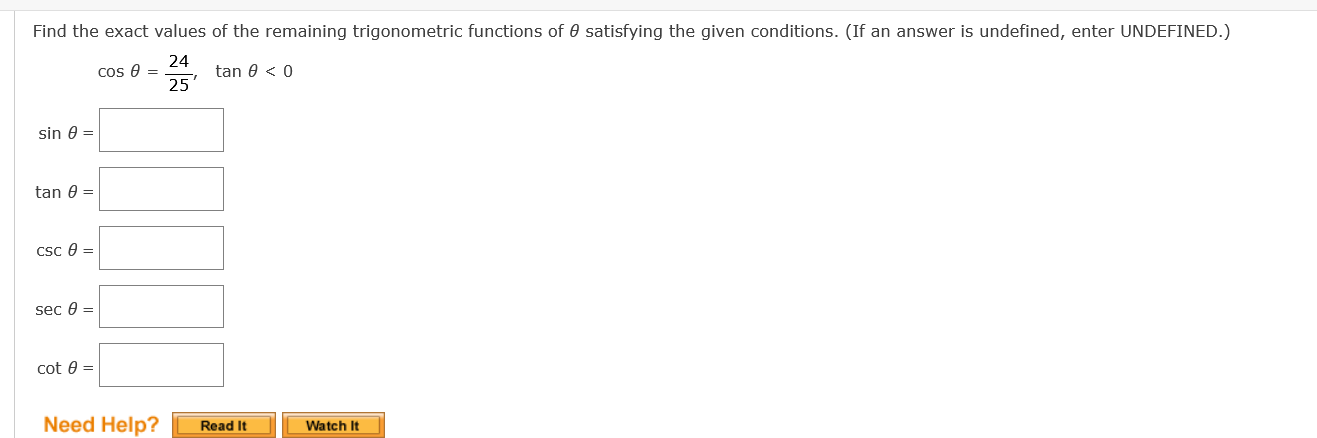 Solved Find the exact values of the remaining trigonometric | Chegg.com