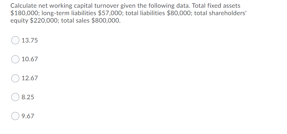 Solved Calculate net working capital turnover given the | Chegg.com