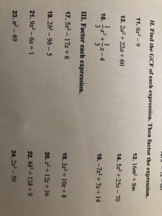 Solved II. Find the GCF of each expression. Then factor the | Chegg.com