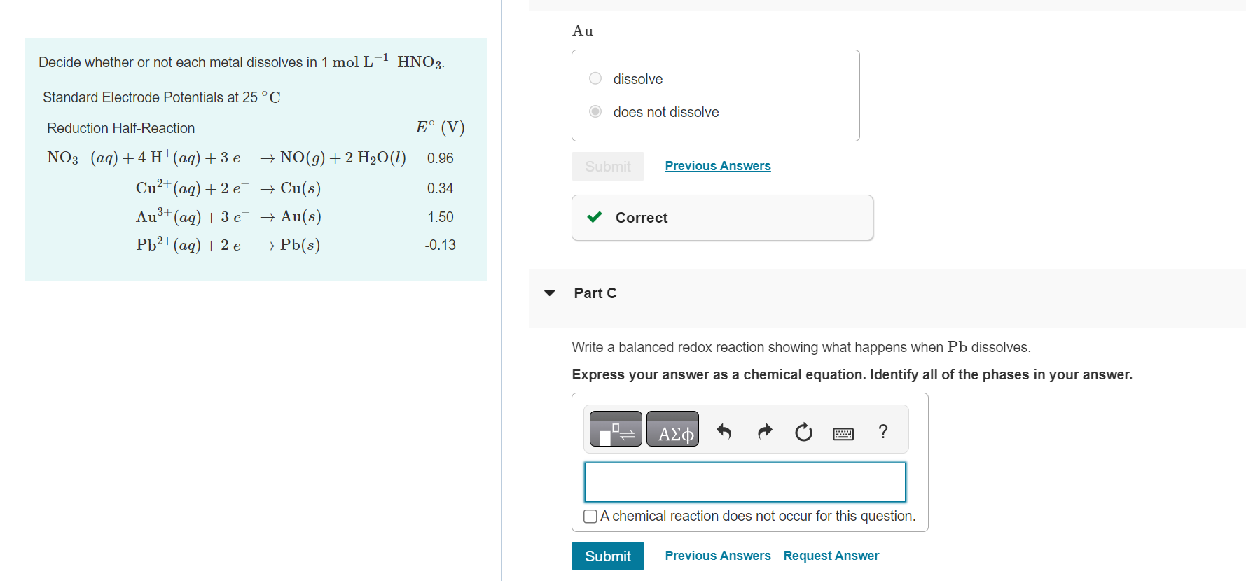Solved Decide whether or not each metal dissolves in 1 mol | Chegg.com