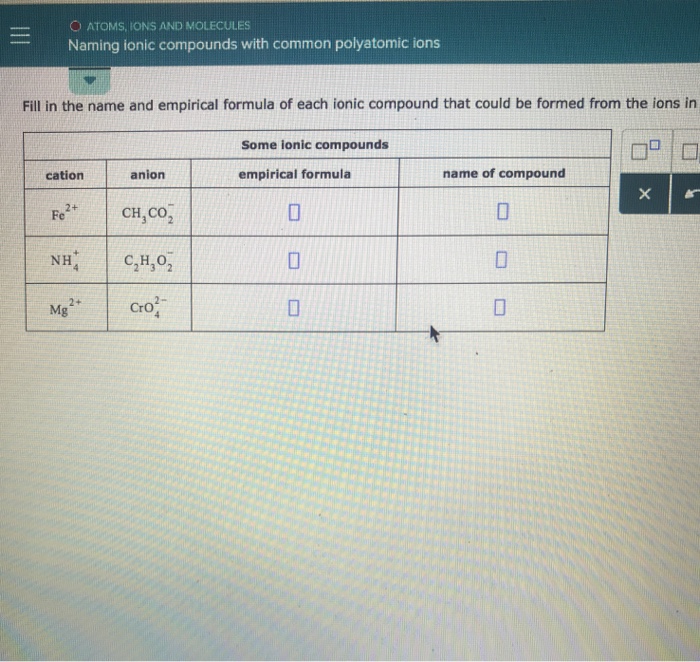 Solved O ATOMS, IONS AND MOLECULES Naming ionic compounds | Chegg.com