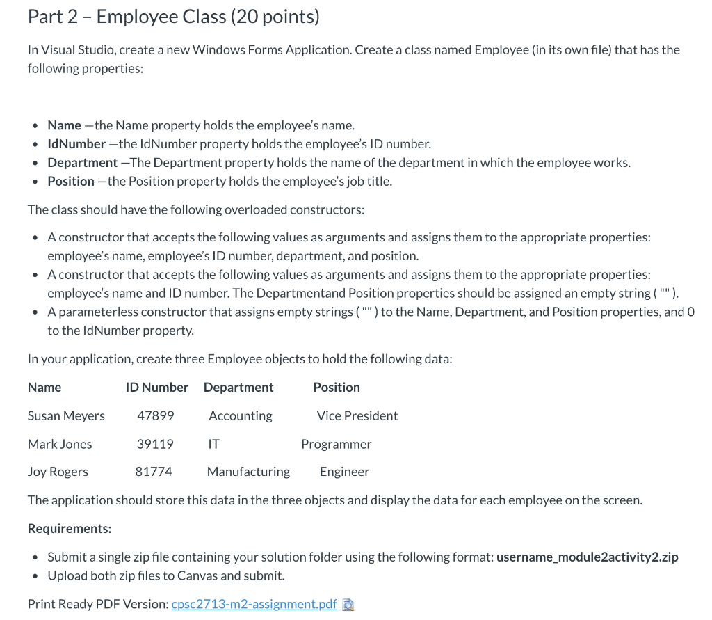 Solved Part 2 - Employee Class (20 points) In Visual Studio, | Chegg.com