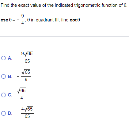Solved Find the exact value of the indicated trigonometric | Chegg.com