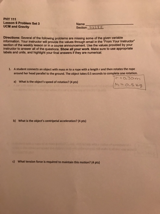 Solved PHY 111 Lesson 6 Problem Set 3 UCM and Gravity Name | Chegg.com