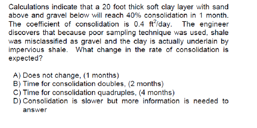 Solved Calculations indicate that a 20 foot thick soft clay | Chegg.com