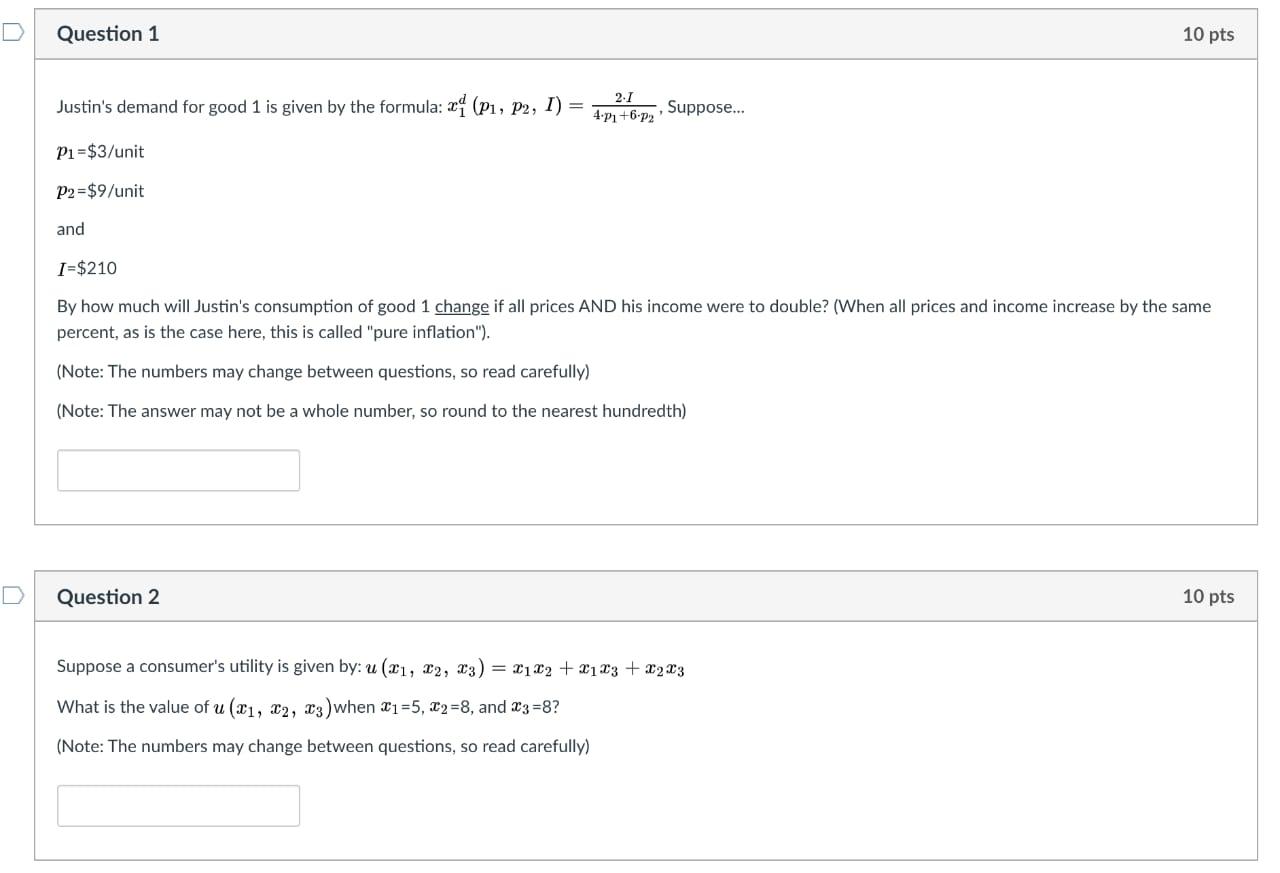 Solved Question 1 10 pts 2.1 Justin's demand for good 1 is | Chegg.com