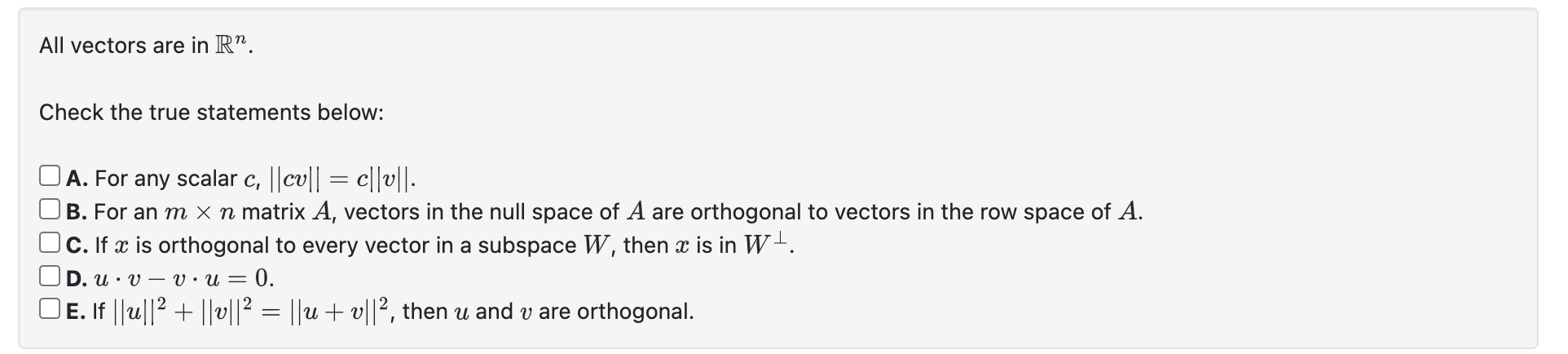 Solved All vectors are in Rn. Check the true statements | Chegg.com