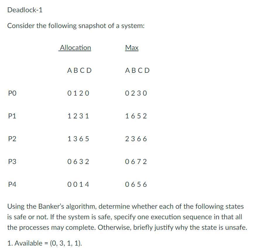 Solved Deadlock-3 If Available = (1, 5, 2, 0), and if a | Chegg.com