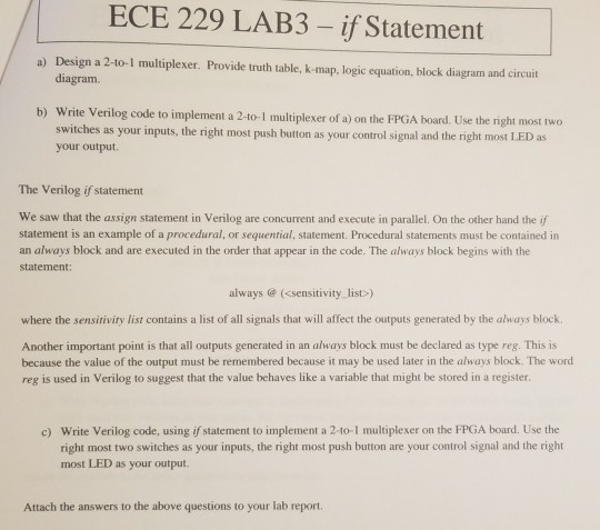 Solved ECE 229 LAB3- Statement a) Design a 2-to-1 | Chegg.com