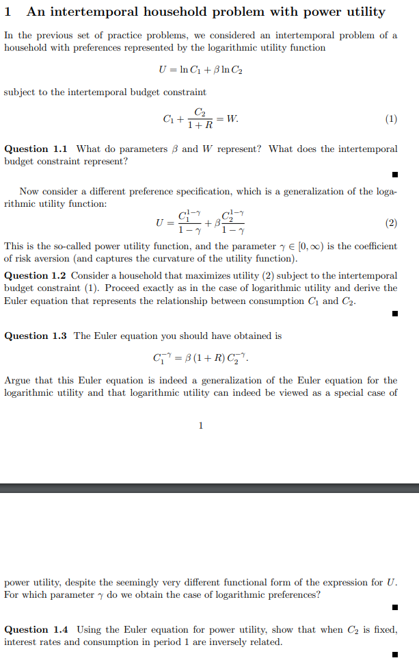1 An intertemporal household problem with power | Chegg.com