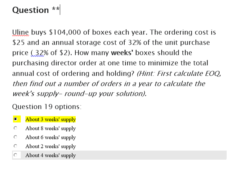 Solved Uline buys $104,000 of boxes each year. The ordering | Chegg.com